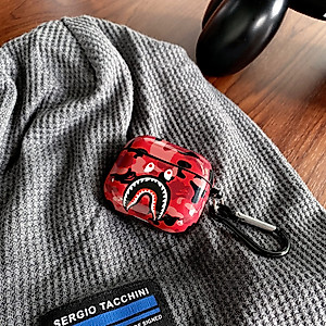 Shark Teeth Camo Softshell Silicone Air Pods IMD Case for AirPods 3rd Generation [2021 Release] , AirPods Charging & Wireless Charging Case Protective Cover and Skin Supreme Gift (Red)