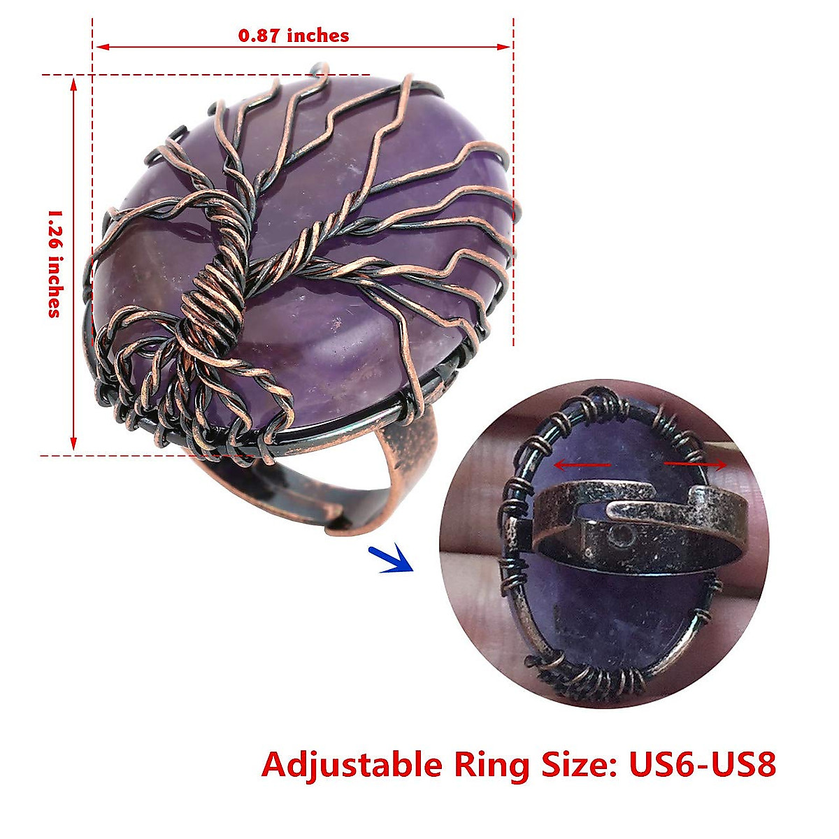 Top Plaza Handmade Retro Vintage Copper Wire Wrapped Life Tree Oval Gemstone Healing Crystal Adjustable Ring Bronze Band Size 6 7 8(Amethyst+Rose Quartz+Green Aventurine)