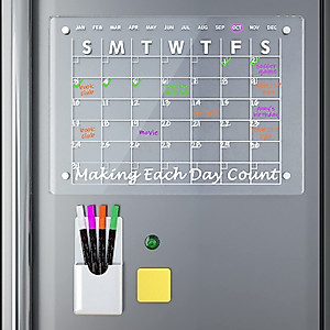 Magnetic Acrylic Calendar for Fridge 17"x12" Clear Dry Erase Calendar Board for Refrigerator Includes 4 Dry Erase Markers and Eraser