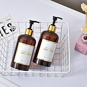 Akalin 16oz Shampoo and Conditioner Dispenser, Set of 3 Shampoo Bottles Refillable with Pump, 3 Shampoo and Conditioner Bottles, Shower Bottles Refillable with 6 Waterproof Labels (Brown)