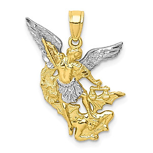 Solid 10k Yellow Gold Two Toned Diamond-Cut Catholic Patron Saint Michael Pendant Charm