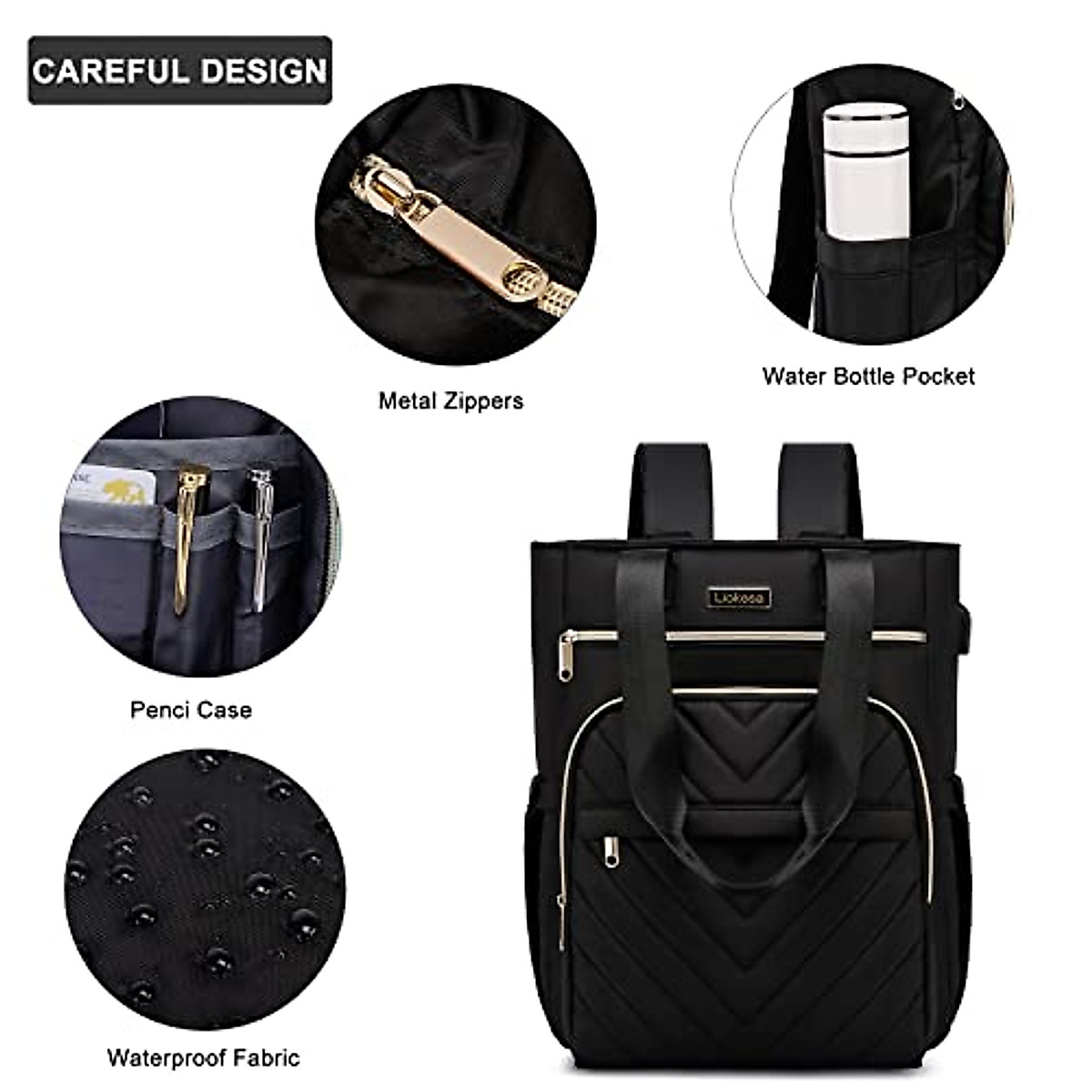 Backpack Purse for Women, Large Wide Open Bookbag with USB Charging Port Nurse Teacher Tote Bag, 15.6 Inch Convertible Work Laptop Bag, Water Resistant Daypack for College, Travel, Business, Black