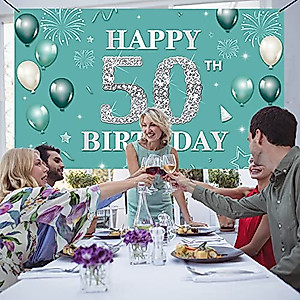 50th Birthday Decoration Backdrop Banner, Teal Silver Happy 50th Birthday Decorations for Women, Turquoise 50 Year Old Birthday Party Photo Booth Props Supplies for Outdoor Indoor, Fabric Vicycaty