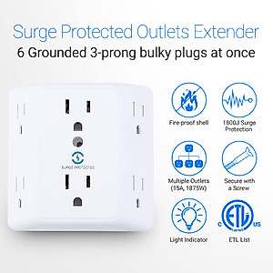 Unidapt Multi Plug 6 Outlet Extender, 2 Pack Surge Protector Wall Splitter, 1800J Power Strip 3 Side Wide Spaced Adapter Multiple Charger Expander, Mountable Wall Tap for Office Home Travel ETL Listed