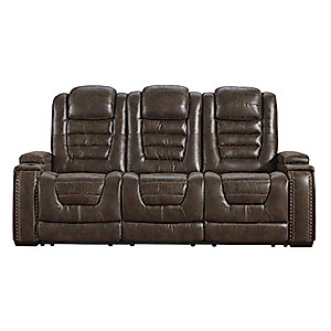 Signature Design by Ashley Game Zone Faux Leather Adjustable Power Reclining Sofa with Cup Holders and Storage, Brown