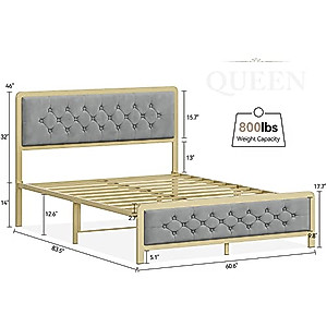 Fancihabor Gold Queen Size Bed Frame, Velvet Upholstered Platform Bed with Button Tufted Headboard, Heavy Duty Metal Mattress Foundation and Metal Slats, No Box Spring Rquired (Grey, Queen)