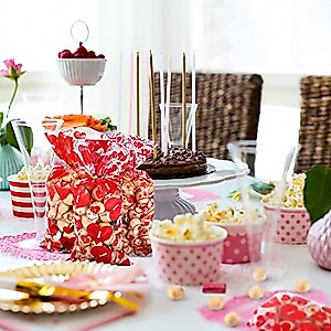 Blulu 180 Pieces Valentines Treat Favor Bags Cellophane Plastic Clear Candy Goodie Gift Bags with 200 Pieces Gold and Red Twist Ties for Valentine's Day Party Decorations, 6 Assorted Styles