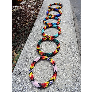 Native American Inspired Tribal Fire Diamond Pattern Guatemalan Czech Glass Seed Beaded One Size Fits All Bangle Bracelet - Womens Fashion Handmade Jewelry Boho Accessories (Light Blue)