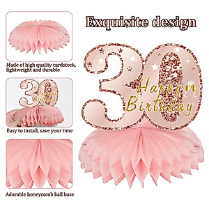 Turypaty Pink Rose Gold 30th Birthday Honeycomb Centerpieces Decorations for Women, 9Pcs Rose Gold Happy 30th Birthday Table Centerpieces Party Supplies, Thirty Year Old Birthday Table Toppers Decor