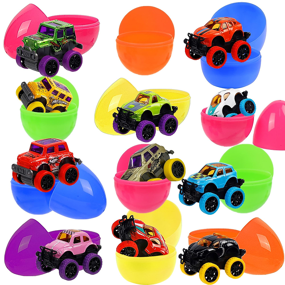 WATERGLIDE Set of 12 Pull Back Cars for 3-6 Year Old Boys, Easter Eggs Filled with Pullback Monster Vehicles Toys, Easter Egg Hunt, Basket Stuffers Filler, Party Favor Easter Gifts for Boys Age 3-6