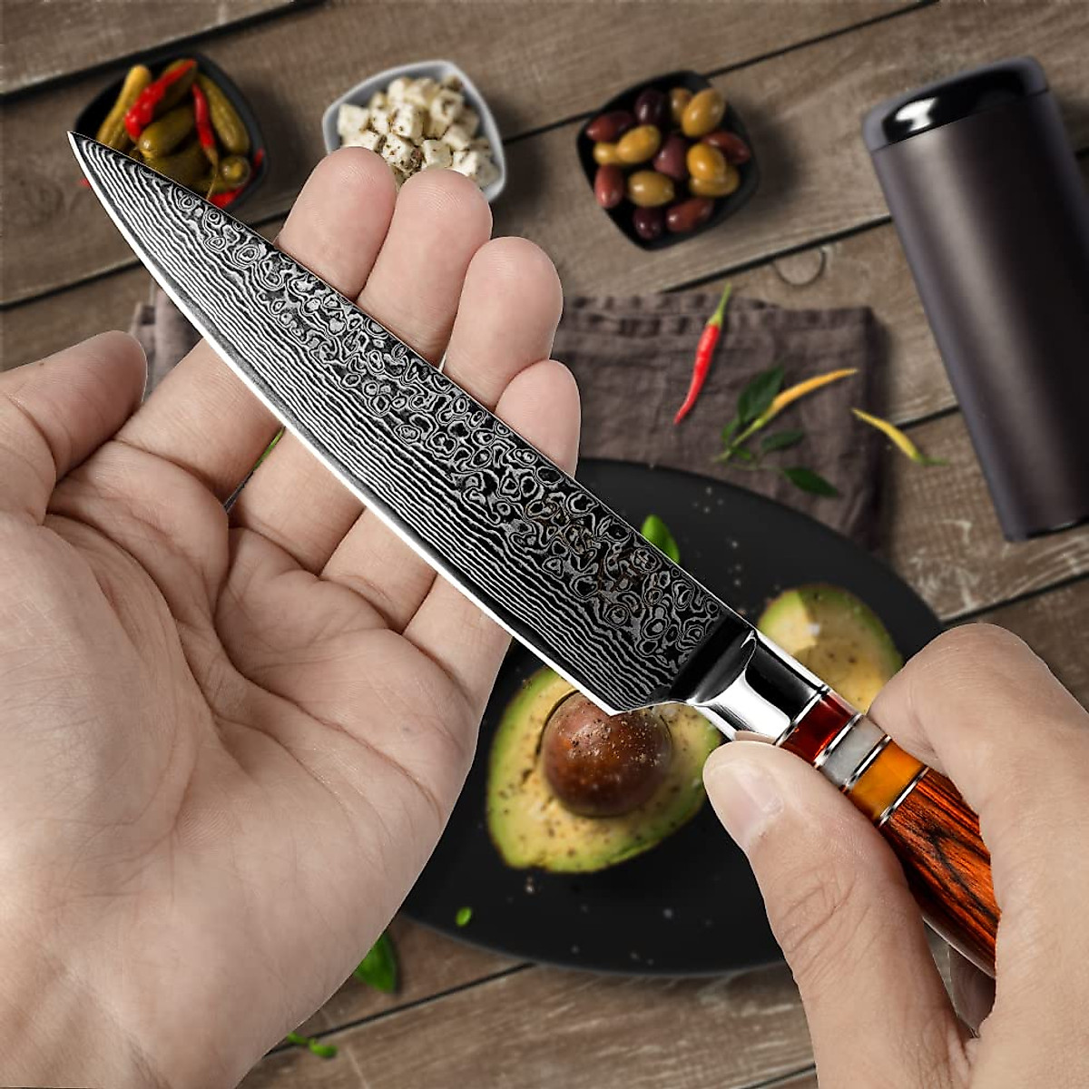 FANTECK Utility Knife 6 Inch, Japanese Damascus Kitchen Petty Knife, VG10 67 Layer Pro Razor Sharp Cutting Fruit Carving Chef’s Paring Knives with Sheath& Gift box, Ergonomic Pakkawood Handle