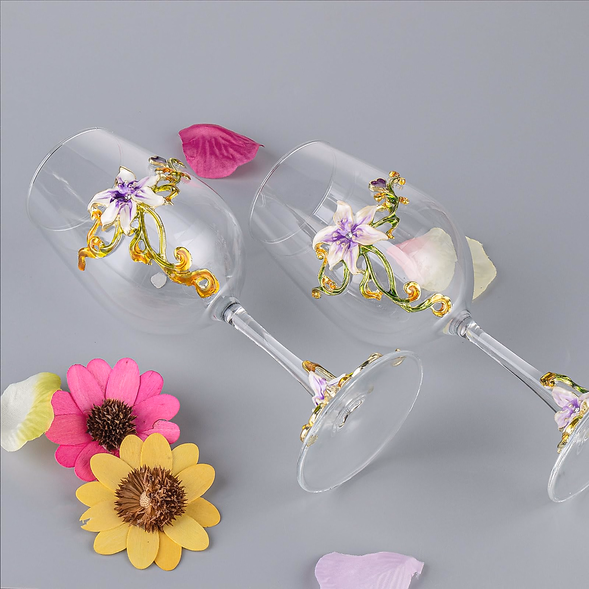 Simcat Handmade Painted Enamel Flower Glass Wine Glasses Transparent Refined Goblet, Stem For Cabernet, Gifts (Purple double gift box,2 Gift Box)