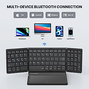 GEODMAER Foldable Bluetooth Keyboard, Portable Full Size Folding Keyboard with Large Touchpad, Numeric Keypad, PU Leather, Wireless Travel Keyboard for Windows iOS Android Mac(Sync up to 3 Devices)