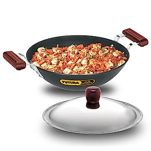 Futura Induction Compatible Hard Anodized Flat Bottom Deep Fry Pan / Kadhai with Stainless Steel Lid, 3.75 Liter