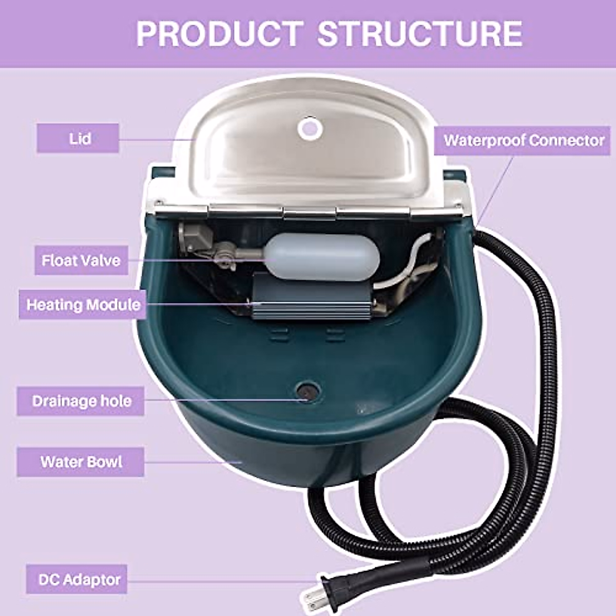 PAULOZYN Heated Livestock Water Bowl Kits Automatic Animals Dog Waterer Trough Outdoors Winter Animals Water Dispenser for Chicken Pet Cattle Horse Pig Cow Goat Sheep, with 2PCS Float Ball Valves