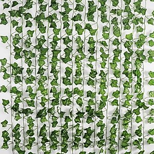 EZFLOWERY 12 Strands 84 Feet Artificial Ivy Vines Leaves, Silk Garland Fake Greenery Hanging Leaf Plants for Wedding, Wall Decor, Party, Room, Garden, Home Decor - Green