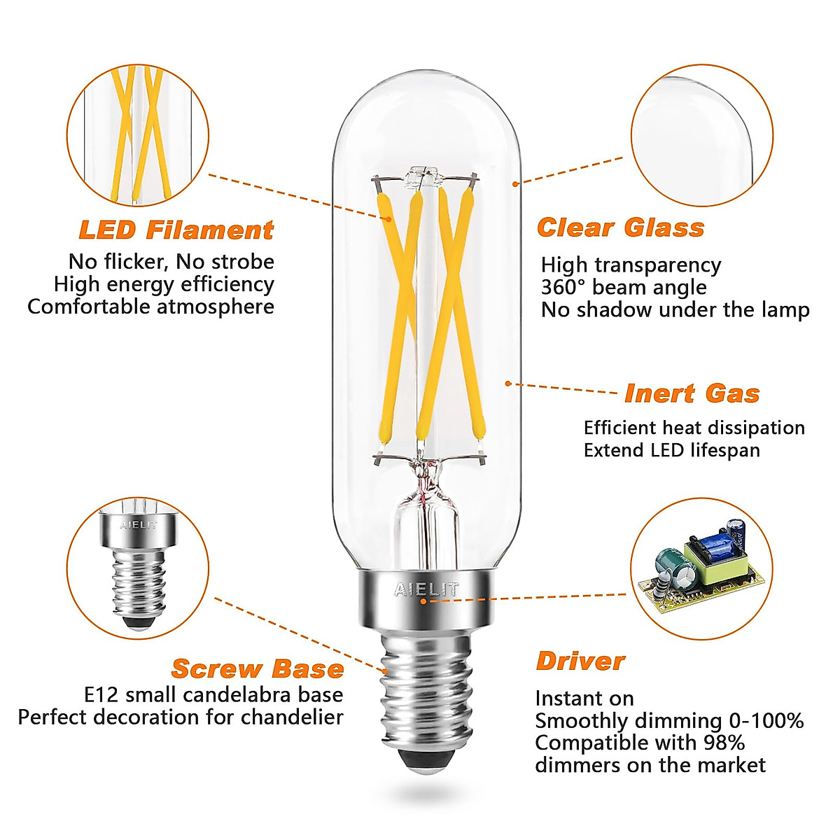 AIELIT T8 4-Watt E12 LED Light Bulb, Dimmable (0-100%), Soft White 3000K, Clear Tubular Candelabra Light Bulbs 40W Equivalent for Sputnik Chandeliers, Glass Mason Jars, Hanging Pendant Lamp,4-Pack