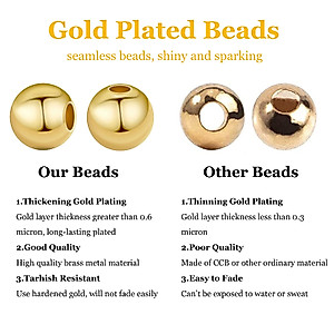 PH PandaHall 14K Gold Spacer Beads, 300pcs Round Brass Beads 5 Size Metal Smooth Beads Seamless Ball Beads Long-Lasting Little Beads for Summer Bracelet Necklace Jewelry DIY Crafts(2/3/4/5/6mm)