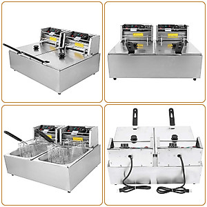 Deep Fryer Electric Commercial Fryer Large 21.14QT with Baskets and Lids, Temperature Limiter and 2 x 6.34QT Thicken Stainless Steel Dual Tank for Commercial and Home Use