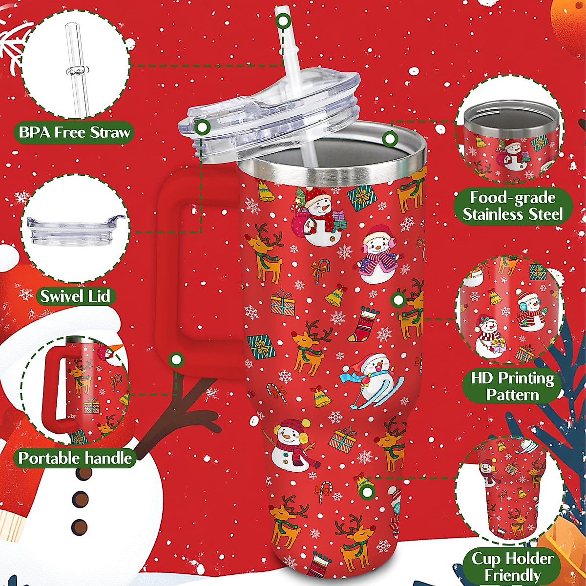 Qoepfnsh Christmas Tumbler 40 oz With Handle and Straw - Red Snowman Stainless Steel Insulated Coffee Cups - Mugs Gifts Stuff Decor for Women Girls