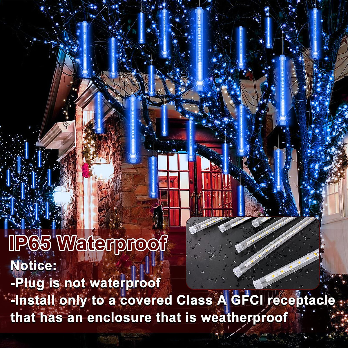 TAO XIANG QI 288 LED Christmas Lights Meteor Shower Rain Lights Outdoor Decor,8 Tube 12.2 Inch Waterproof Plug in Falling Rain Fairy String Light Christmas Decor Outdoor Tree Holiday Party Home(Blue)