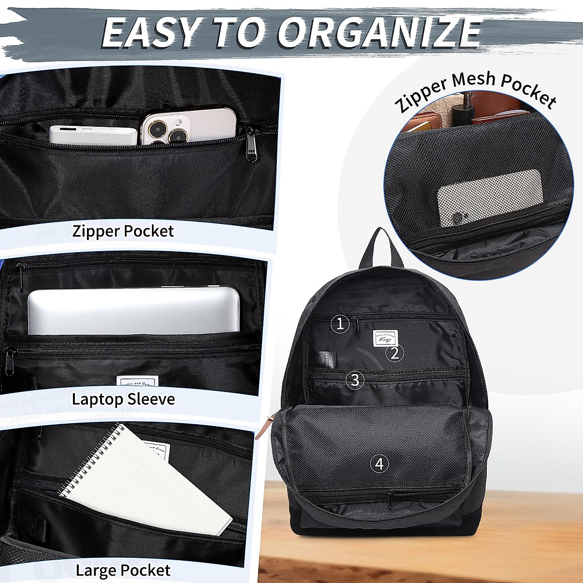 Kasqo Black Backpack, Classic Lightweight School Backpack Teens Boys, 15.6 Inch Laptop Bookbag for Men Women Girls College