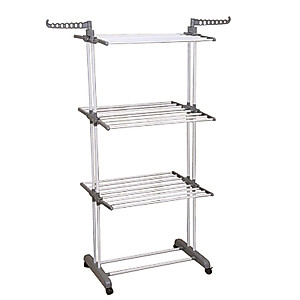 TOLUON Clothes Drying Rack, Movable Drying Rack with 4 castors, 3 Tier Clothes Horses Rack, Laundry Garment Dryer Stand with Two Side Wings for Home (Grey)