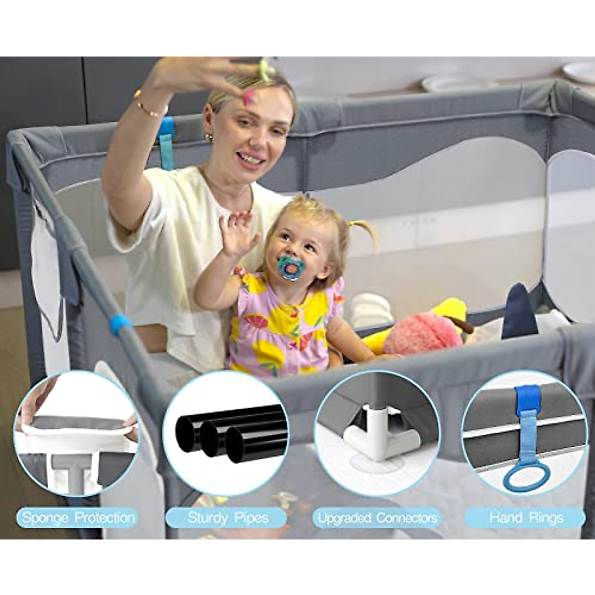 Baby Playpen,Letmudla Playpen with Mat,Upgraded Sturdy Play Pen with Gate,Easy to Assemble Play Yard,Safe Play Pens for Babies and Toddlers with Hand Rings,Outdoor&Indoor Activity Center for Infant
