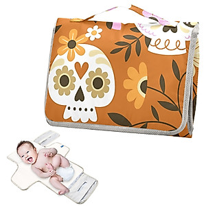 Sugar Skulls Flowers Portable Changing Pad for Unisex Baby Toddler Waterproof Foldable Baby Changing Mat with Pillow & Shoulder Strap Travel Diaper Mat for Dresser Gift Home Traveling Walking Hiking