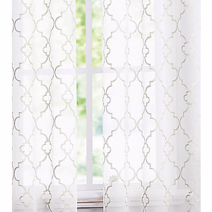 Urban Lotus Moroccan Semi Sheer Curtains 52 x 95 Inch Long Elegant Beige Geometric Lattice Embroidered Curtains for Bedroom Living Room White Linen Textured Sheer Window Draperies, Rod Pocket, 1 Pair