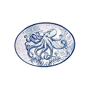 Octopus Nautical Oval Serving Platter Oceanic 18 x 13.5 Melamine Blue White