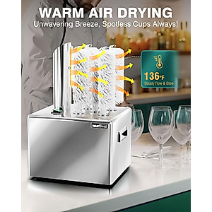 WantJoin Wine Glass Polisher Machine - 5 Brushes 330 Cups/Hour Commercial Electric Automatic Dryer with 304 Stainless Steel, 100% Cotton, 1300W High Power, 136°F Air Drying for Bar Restaurant Kitchen