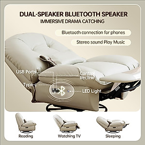 COOSLEEP Oversized Electric Rocker Recliner Swivel Glider with 43.5'' Sitting Width and 270° Swivel,360° Surround Sound Breathing Ambient Lighting,Comes a 3-in-1 Pillow (Beige)