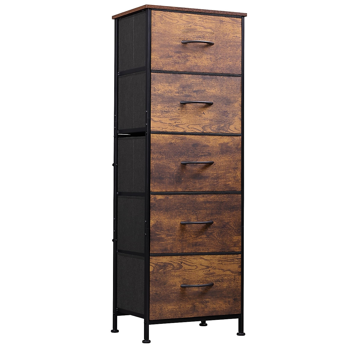 WLIVE Fabric Dresser, 5-Drawer Tall Dresser for Bedroom, Storage Dresser Organizer with Fabric Bins, Wood Top, Sturdy Steel Frame, Chest of Drawers for Closet, Hallway, Rustic Brown Wood Grain Print