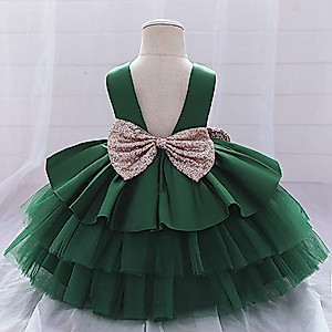 AVAZU 6M-5T Toddler Baby Girls Backless Big Sequins Bowknot Tutu Gown Formal Wedding Party Easter Ball Gown Christmas Dress Dark Green 90