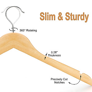 TOPIA HANGER Wooden Hangers 30 Pack, 0.28-inch Slim & Durable Clothes Hangers Space Saving, Natural Wood Hanger with 360°Swivel Hook and Non-Slip Shoulder Notches for Coat,Shirt, Camisole, Dress-CT51N