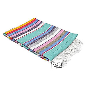 Authentic Mexican Serape Blanket - Multi-color Lightweight Handmade Mexican Saltillo Blanket / Classic Mexican Style Falsa, Stripe Pattern, Throw, Beach Blanket, Tapestry or Yoga Blanket Multi Cotton