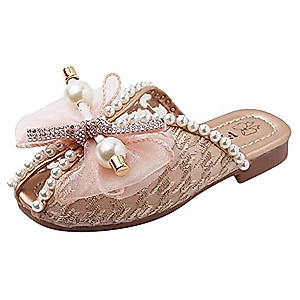 Girls Bowknot Slippers Pearl Soft Sole Princess Shoes Lace Mesh Baotou Slippers Closed Toe Sandals for Toddlers (Pink, 5.5-6 Years)