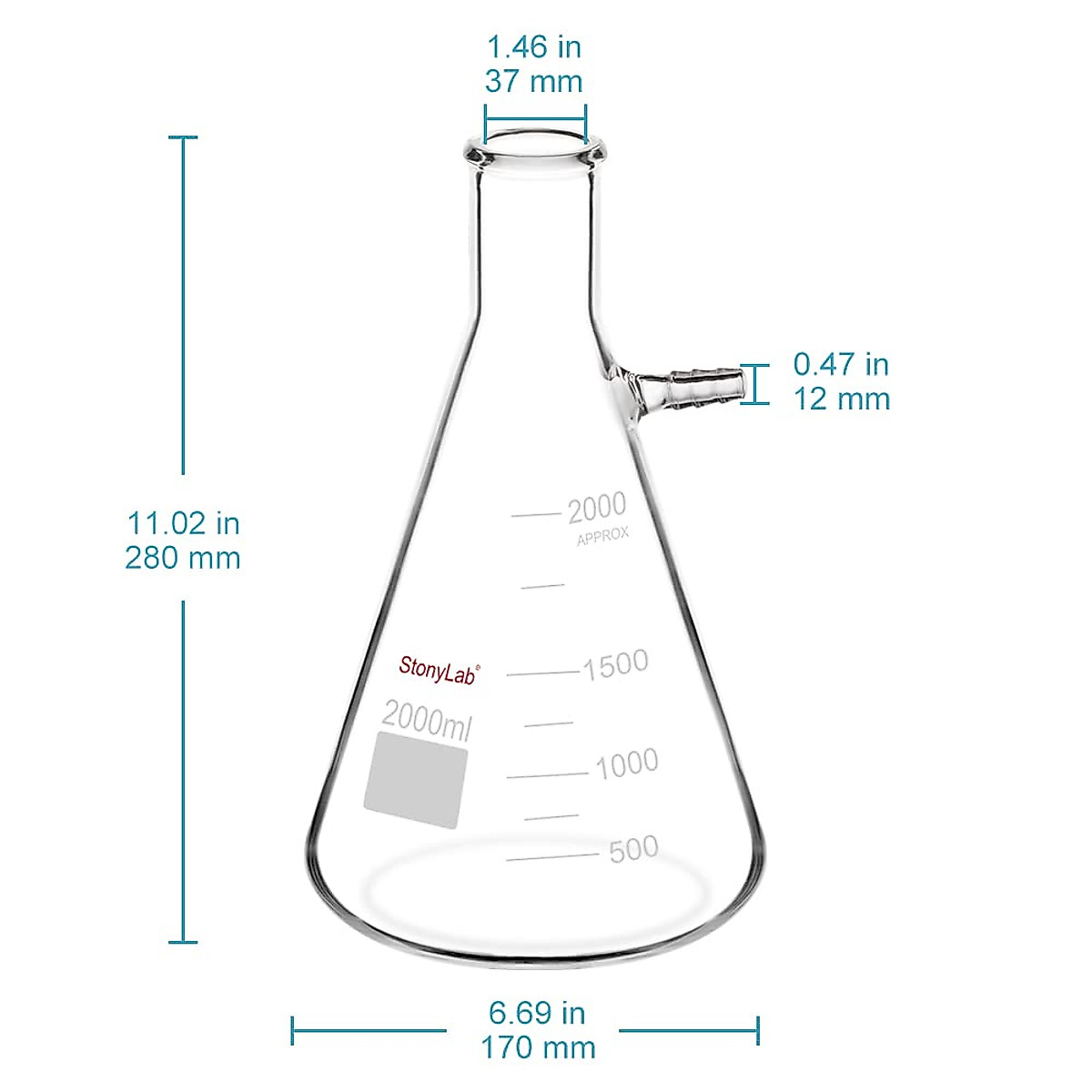 StonyLab Borosilicate Glass Filtering Flask, Bolt Neck with Tubulation (2 Pack) (2000ml)