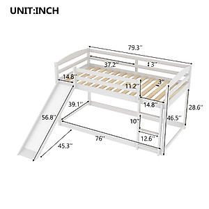 Low Bunk Beds Twin Over Twin Bunk Bed with Slide and Ladder, Wooden bunk Bed for Toddlers Kids Boys Girls (White)