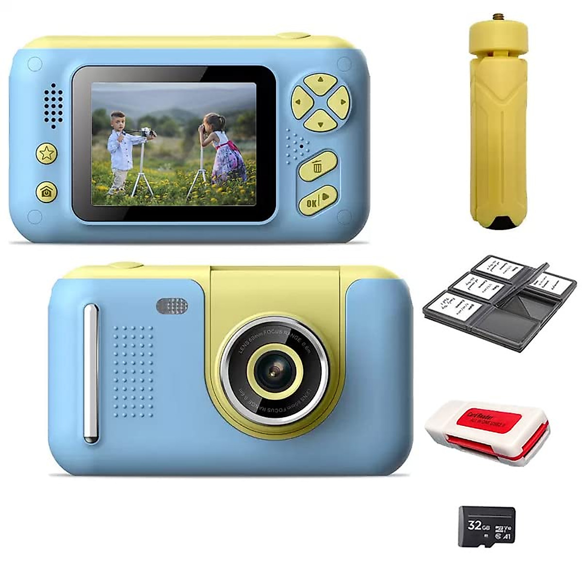 Acuvar Full 1080P Kids Selfie Flip Lens HD Digital Photo & Video Rechargeable Camera with 2" Screen, Matching Handheld Tripod, 32GB Card, Memory Card Case, Card Reader & Micro USB Charging (Blue Kit)