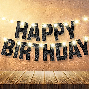 KatchOn, Glitter Black Happy Birthday Banner Light Up - Prestrung, 10 Feet | Black Happy Birthday Led Sign, Happy Birthday Banner for Men | Light Up Happy Birthday Sign for Happy Birthday Decorations