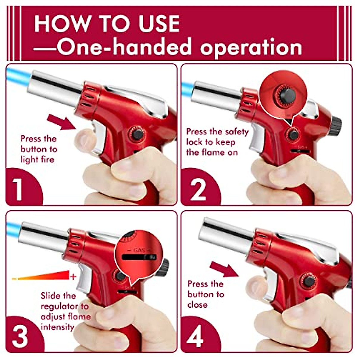 Butane Torch, Vimzone Torch Lighter with Safe Lock, Adjustable Flame Blow Torch, Fit All Butane Tanks Kitchen Torch for BBQ, Baking, Brulee Creme, and Desserts (Butane Gas Not Included) Red…