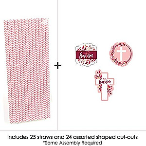 Baptism Pink Elegant Cross - Paper Straw Decor - Girl Religious Party Striped Decorative Straws - Set of 24