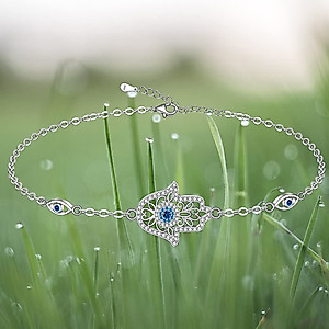 Hamsa Hand Evil Eye Bracelet for Women Sterling Silver Dainty Cute Crystal Round Blue Evil Eye Fatima Bracelets