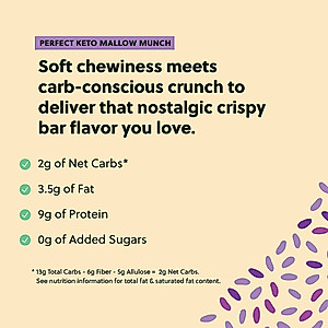Perfect Keto Mallow Munch, Gluten Free, Cereal Bars, Breakfast Bar, Rice-Free, Low Sugar, Low Carb, Crispy, High Protein Snack, Healthy Snacks, 9g Protein, 2g Net Carbs, Original Marshmallow, 8 Pack