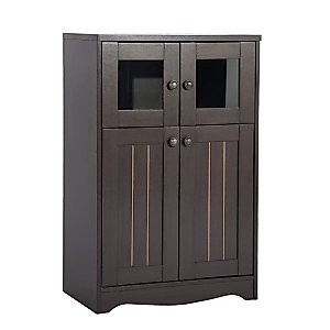 FurnitureR, Vintage Brown Storage Cabinet Cupboard for Kitchen Living Room Console Double Doors with Clear Window, 3 Tier, H35.8+3 Shelves+4Doors