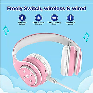 Woice Kids Bluetooth Headphones 85db/110db Volume Limit Wireless/Wired Aux Port Foldable Noise Protection Over-Ear Build-in Mic Headphones for Kids Adults Travel School Phone Pad Tablet PC Pink