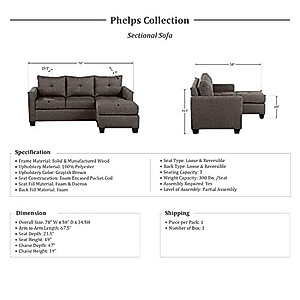 Homelegance Phelps 78" x 58" Fabric Reversible Chaise Sofa, Grayish Brown