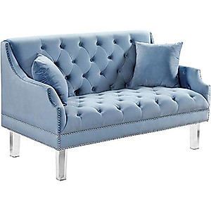 Meridian Furniture Roxy Collection Modern | Contemporary Velvet Upholstered Loveseat Sofa with Luxurious Deep Tufting, Nailhead Trim and Acrylic Legs, Sky blue